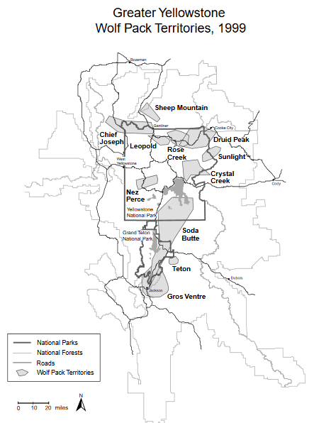 Wolf pack territories in Grand Teton and Yellowstone National Parks and ...