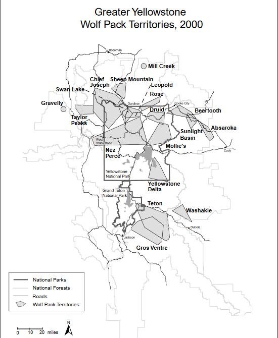 Wolf pack territories in Grand Teton and Yellowstone National Parks and ...